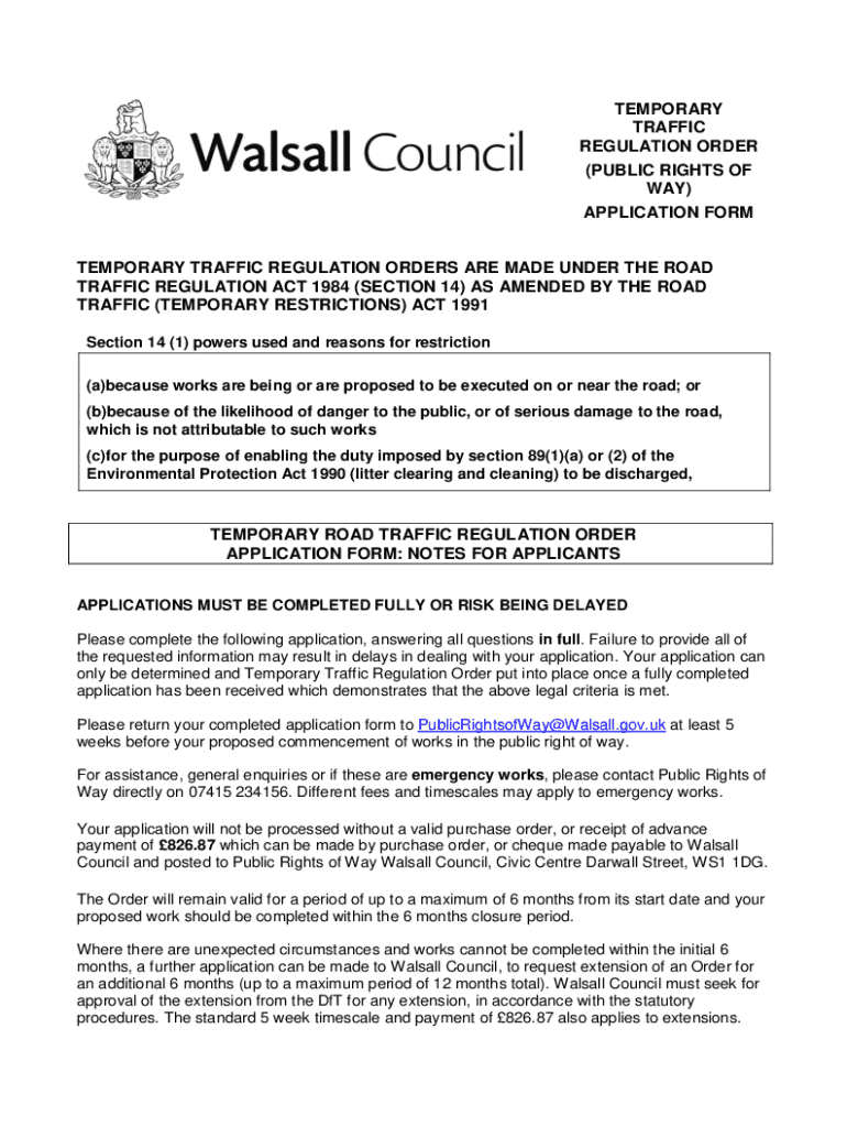 Fillable Online Temporary Traffic Regulation Order Application Fax ...