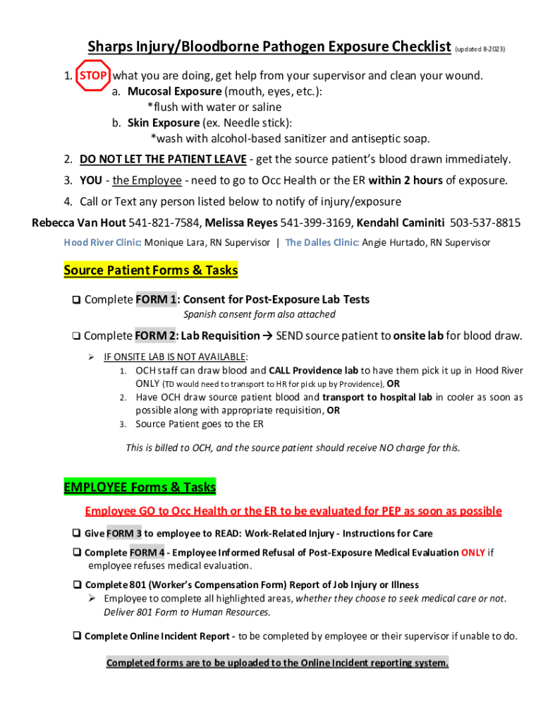 Fillable Online Sharps Injury/bloodborne Pathogen Exposure Checklist ...