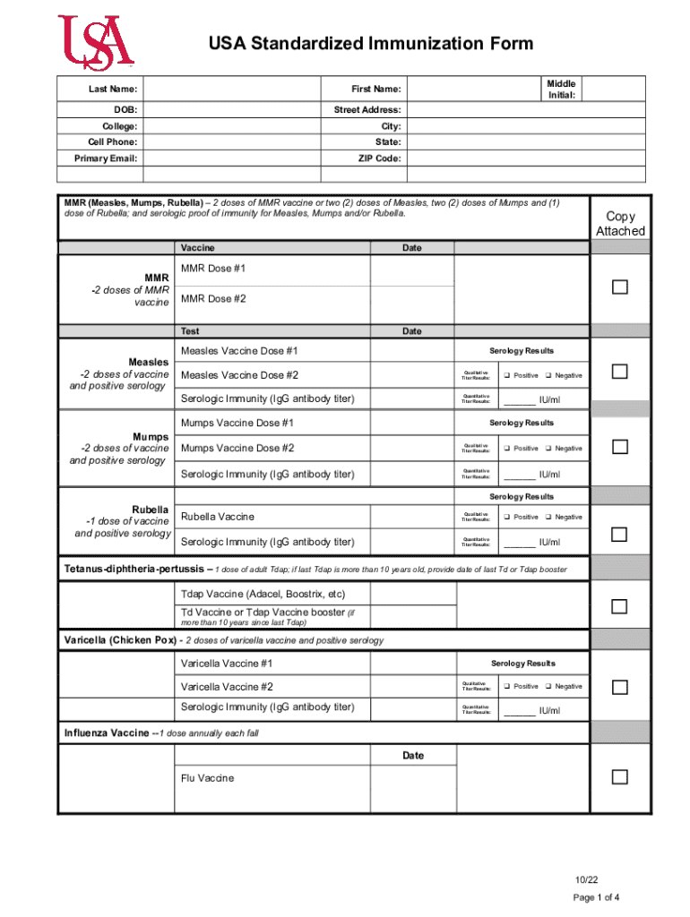 Fillable Online Usa Standardized Immunization Form Fax Email Print ...