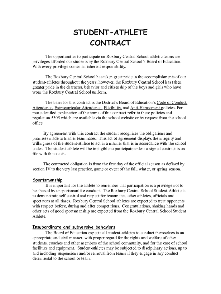 Fillable Online Roxbury Central School Student-athlete Contract Fax ...