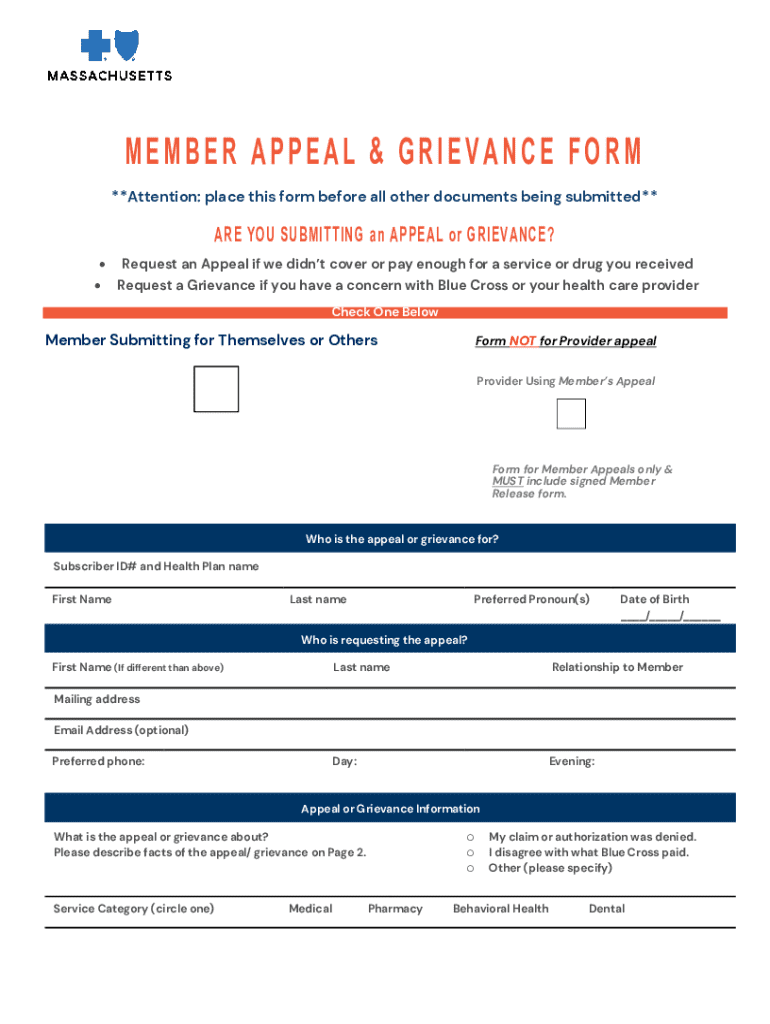 Fillable Online Member Appeal & Grievance Form Fax Email Print - pdfFiller