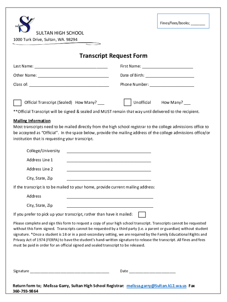 Fillable Online Sultan High School Transcript Request Fax Email Print ...