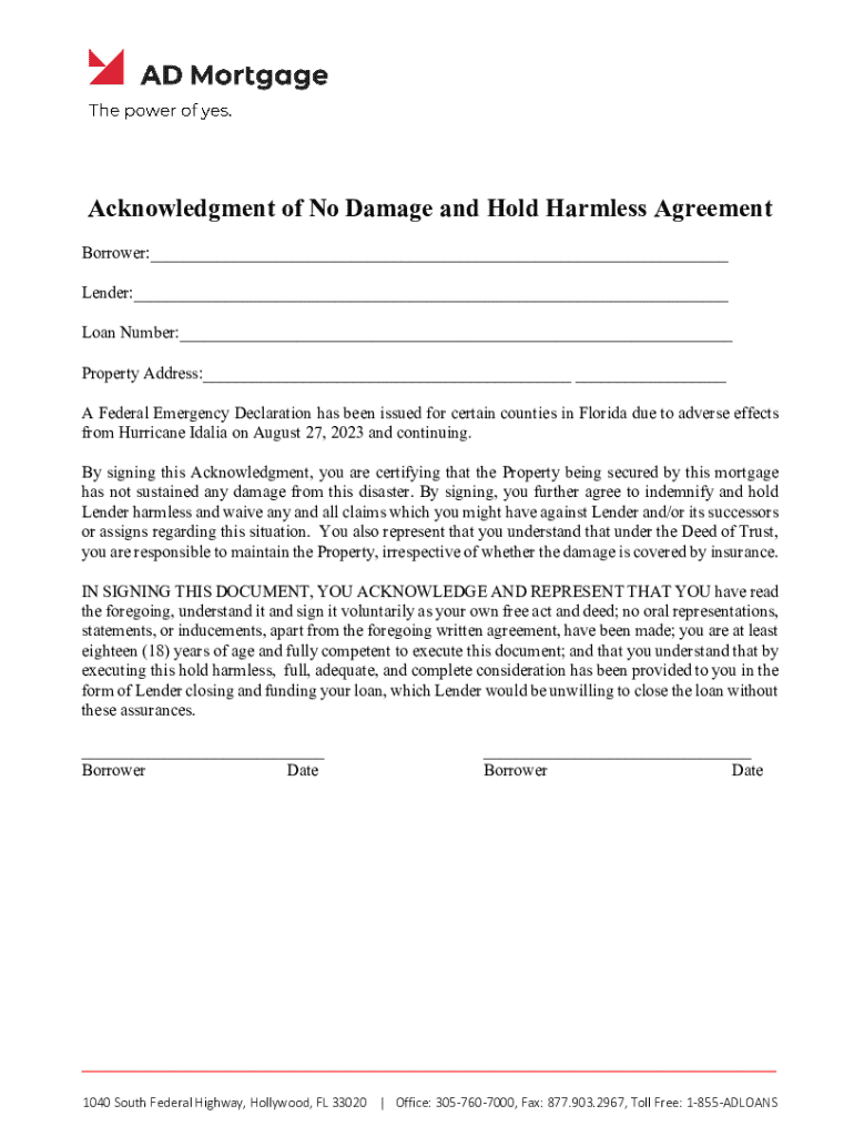 Fillable Online Acknowledgment of No Damage and Hold Harmless Agreement ...