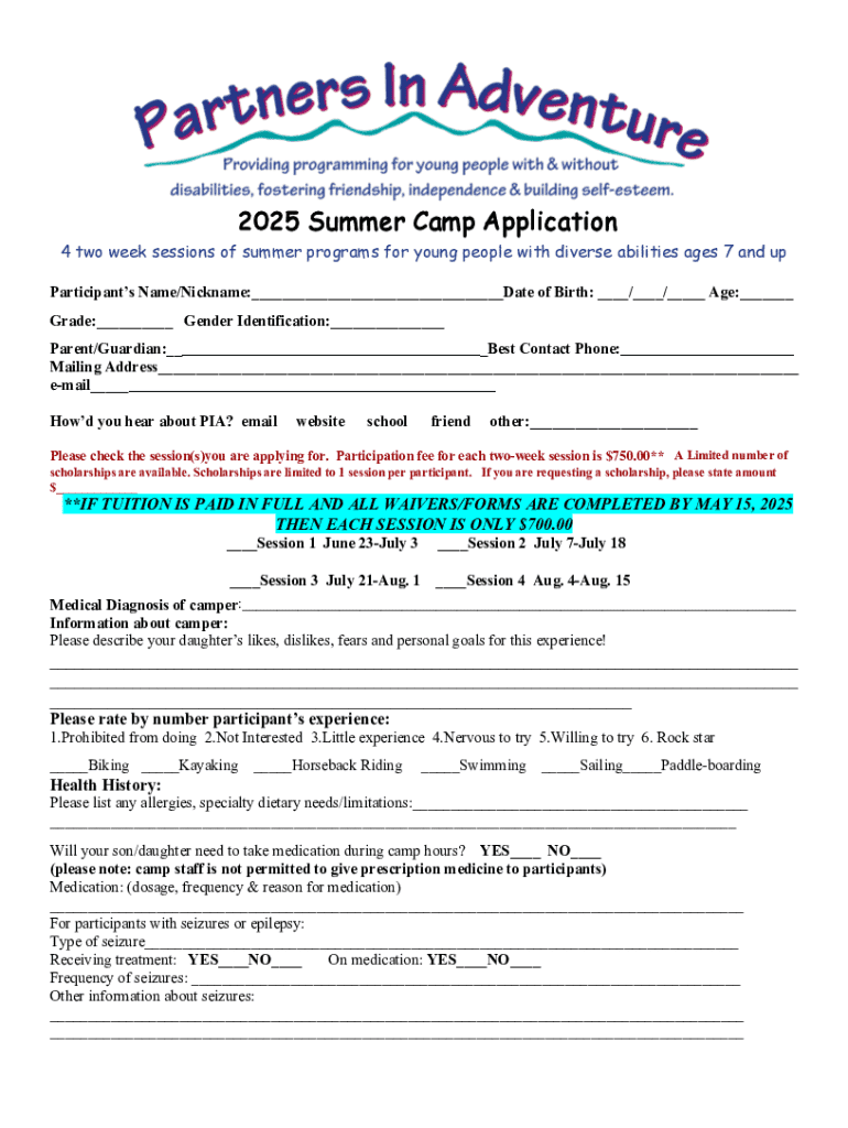 Fillable Online Summer Camp Application for Partners in Adventure Fax Email Print - pdfFiller