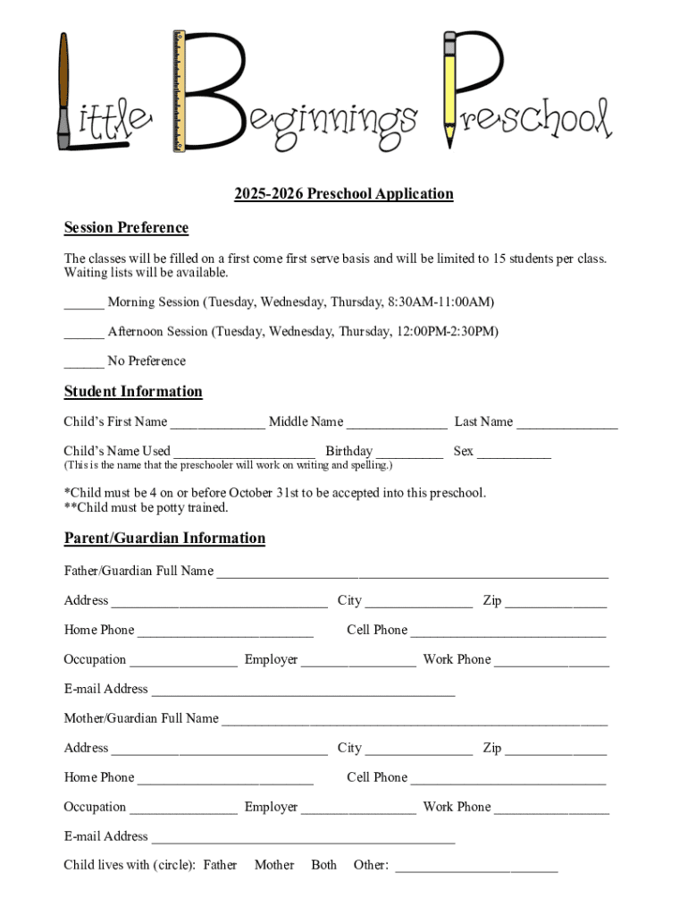 Fillable Online 2025-2026 Preschool Application Fax Email Print - pdfFiller