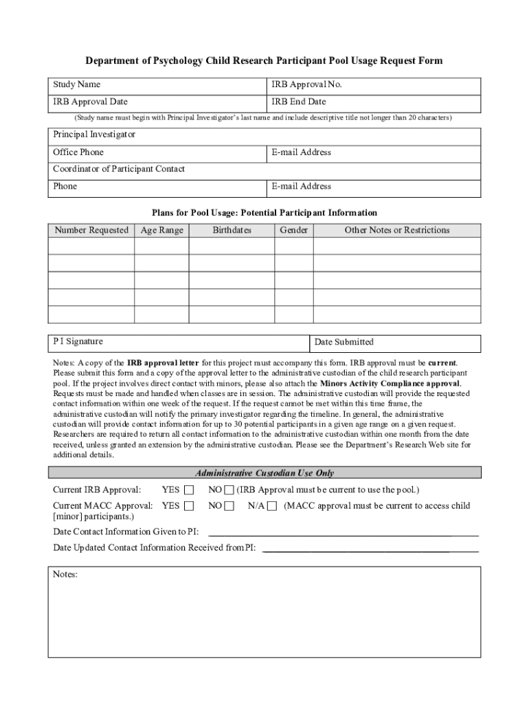 Fillable Online Child Research Participant Pool Usage Request Fax Email ...