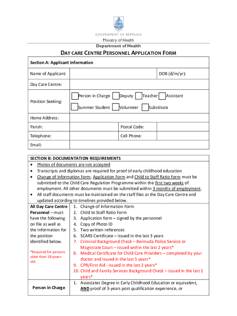 Fillable Online Day Care Centre Personnel Application Fax Email Print - pdfFiller