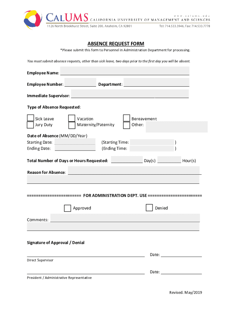 Fillable Online Absence Request Form Fax Email Print - pdfFiller