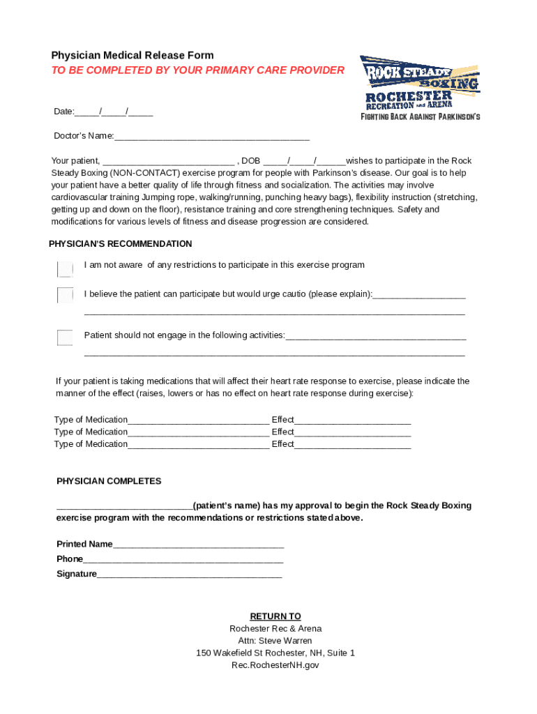 Fillable Online Physician Medical Release Form for Rock Steady Boxing ...