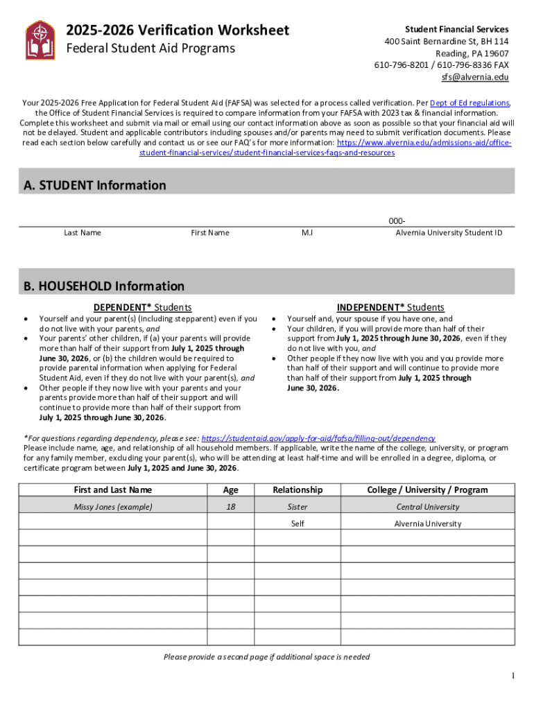 Fillable Online 2025-2026 Verification Worksheet Fax Email Print - pdfFiller