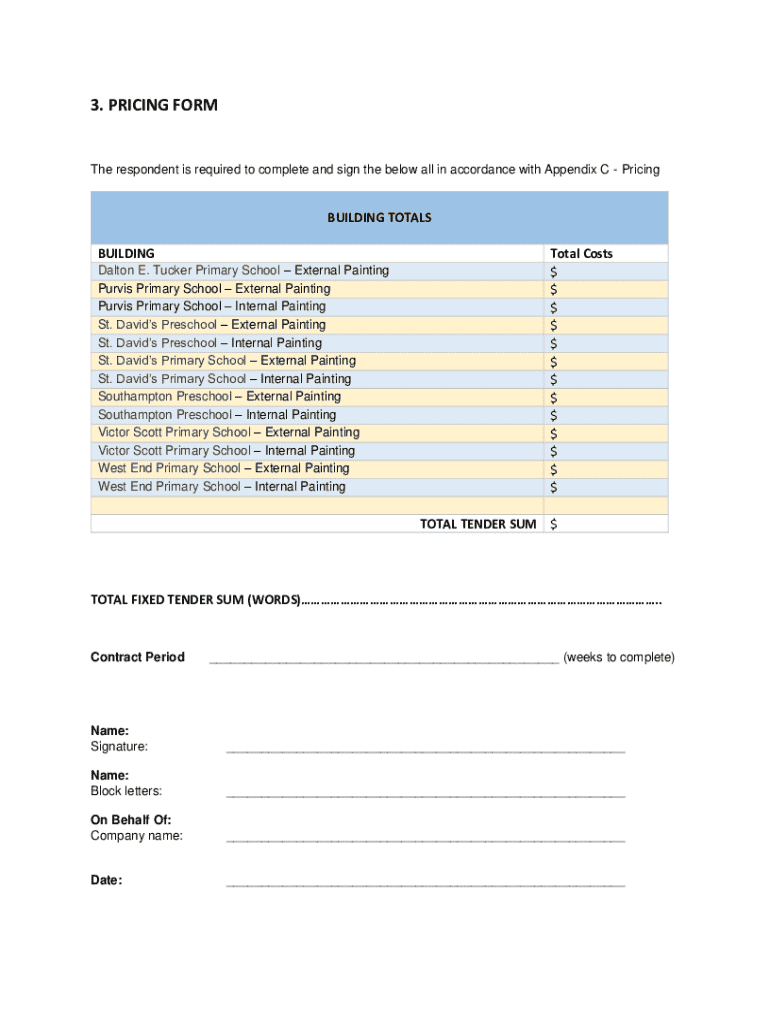 Fillable Online Pricing Form for School Painting Contracts Fax Email ...