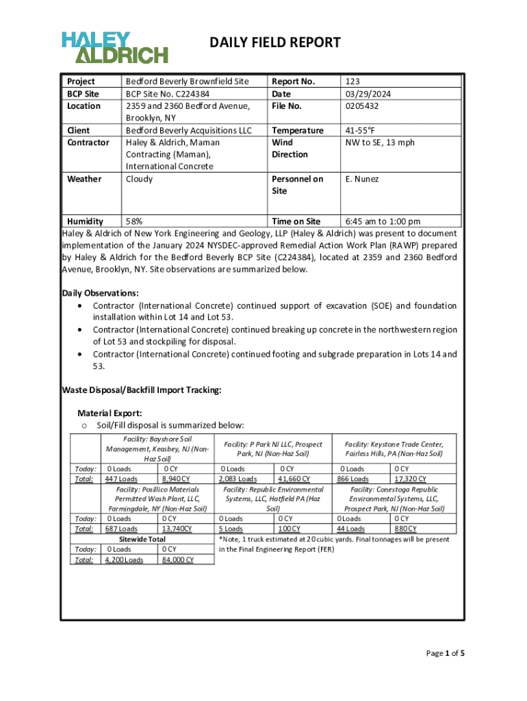 Fillable Online Daily Field Report for Bedford Beverly Brownfield Site ...