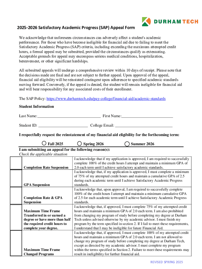 Fillable Online Satisfactory Academic Progress Appeal Fax Email Print - pdfFiller