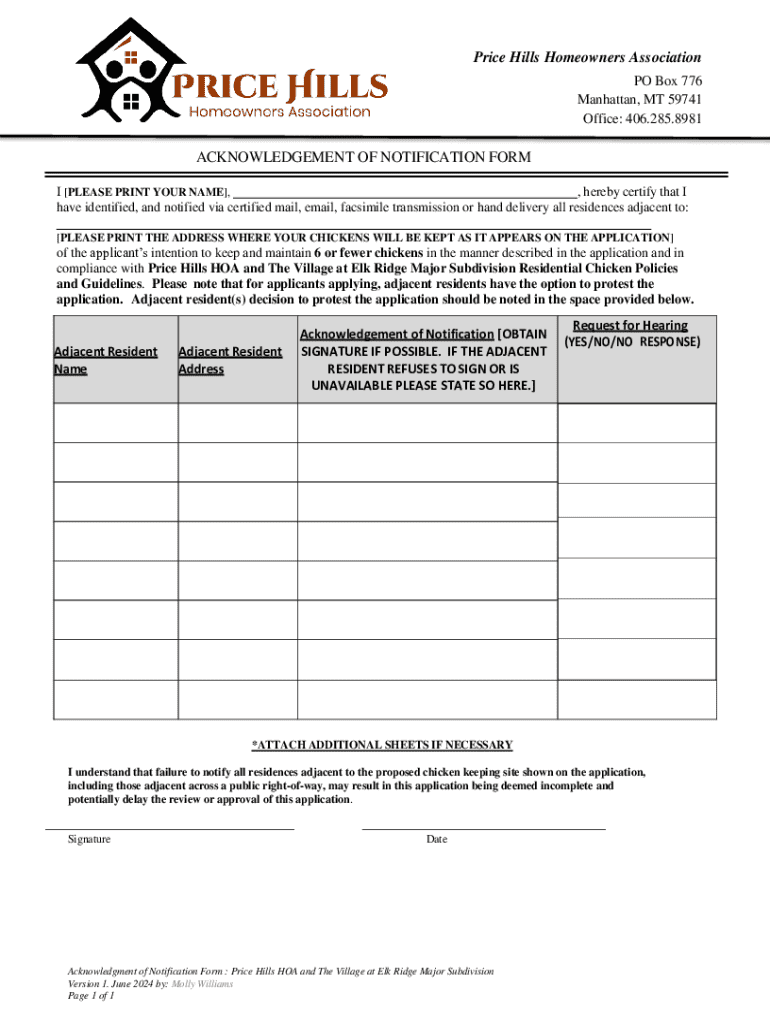 Fillable Online Price Hills Homeowners Association Acknowledgement of ...