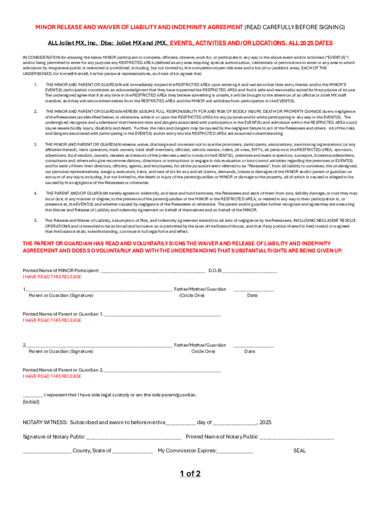 Fillable Online Minor Release and Waiver of Liability and Indemnity ...