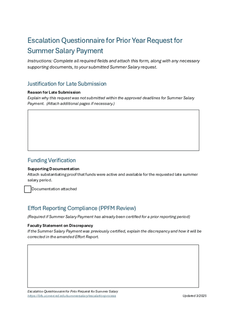 Fillable Online Escalation Questionnaire for Summer Salary Payment Fax ...