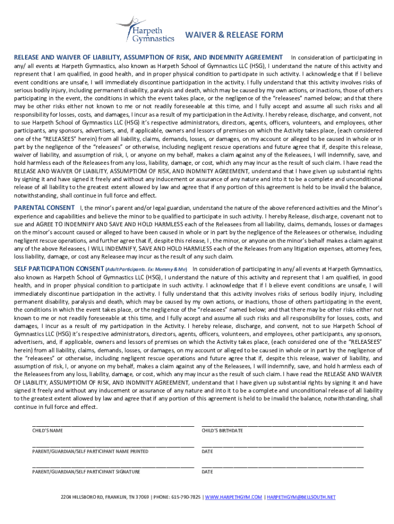 Fillable Online Release and Waiver of Liability, Assumption of Risk ...