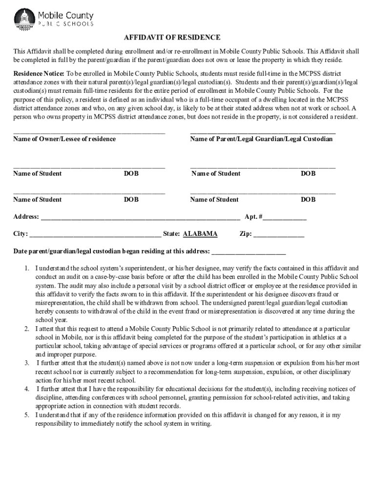 Fillable Online Affidavit of Residence for Mobile County Public Schools ...