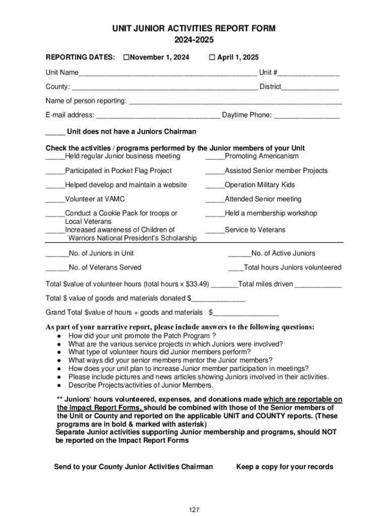 Fillable Online Unit Junior Activities Report Form 2024-2025 Fax Email ...