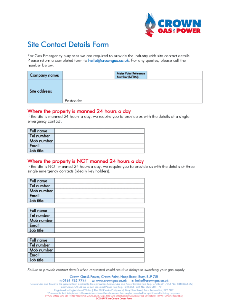 Fillable Online Site Contact Details for Gas Emergency Fax Email Print - pdfFiller