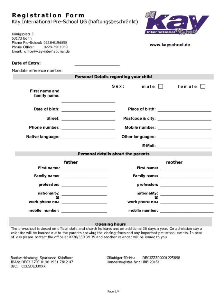 Fillable Online Kay International Pre-school Registration Fax Email Print - pdfFiller