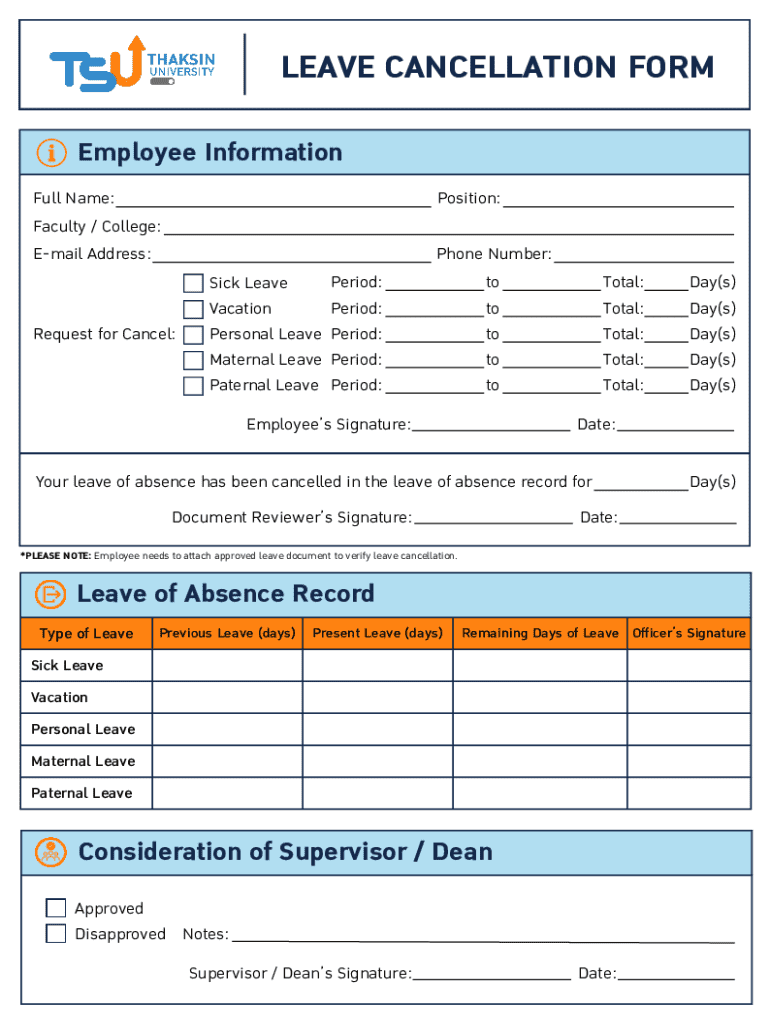 Fillable Online Leave Cancellation Form Fax Email Print - pdfFiller
