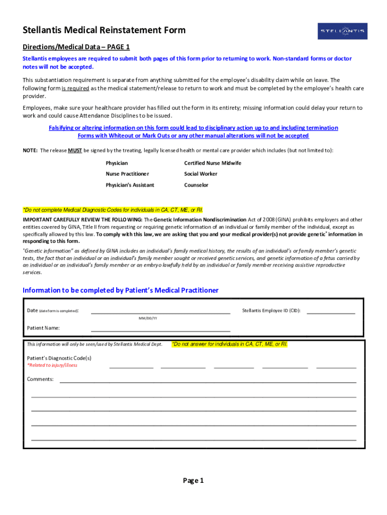 Fillable Online Stellantis Medical Reinstatement Form Fax Email Print ...