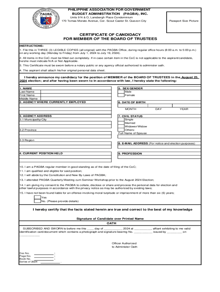 Fillable Online Certificate of Candidacy for Member of the Board of Trustees Fax Email Print ...
