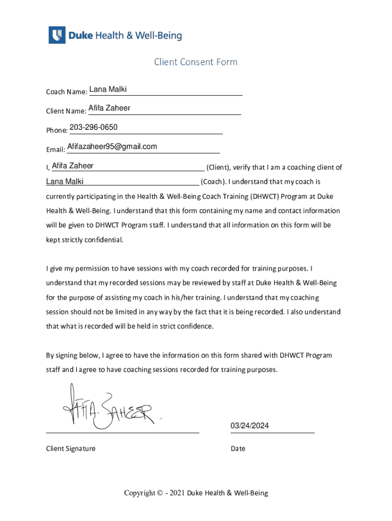 Fillable Online Client Consent for Coaching Sessions Fax Email Print ...