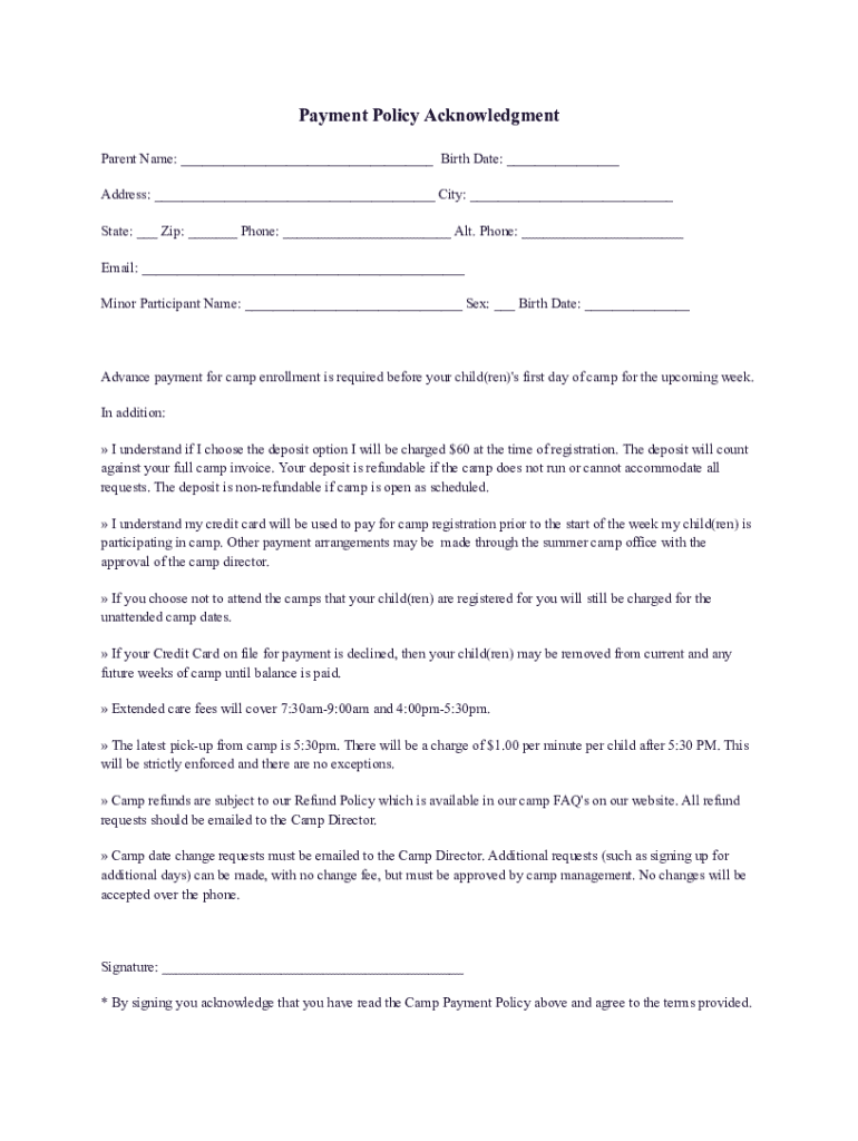 Fillable Online Payment Policy Acknowledgment Fax Email Print - pdfFiller