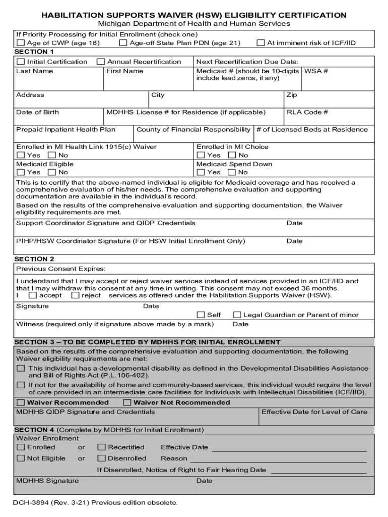 Fillable Online Habilitation Supports Waiver (hsw) Eligibility ...