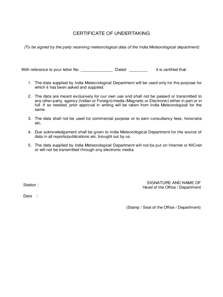 Fillable Online Certificate of Undertaking for Meteorological Data Use ...