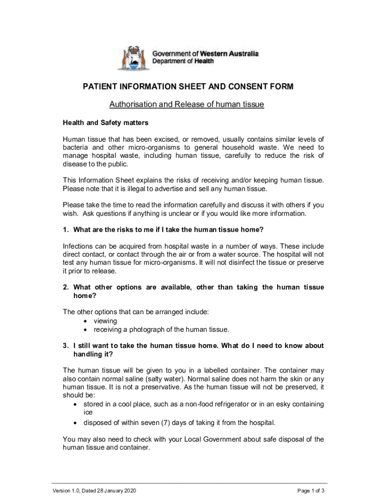 Fillable Online Patient Information Sheet and Consent Form for Human Tissue Release Fax Email ...