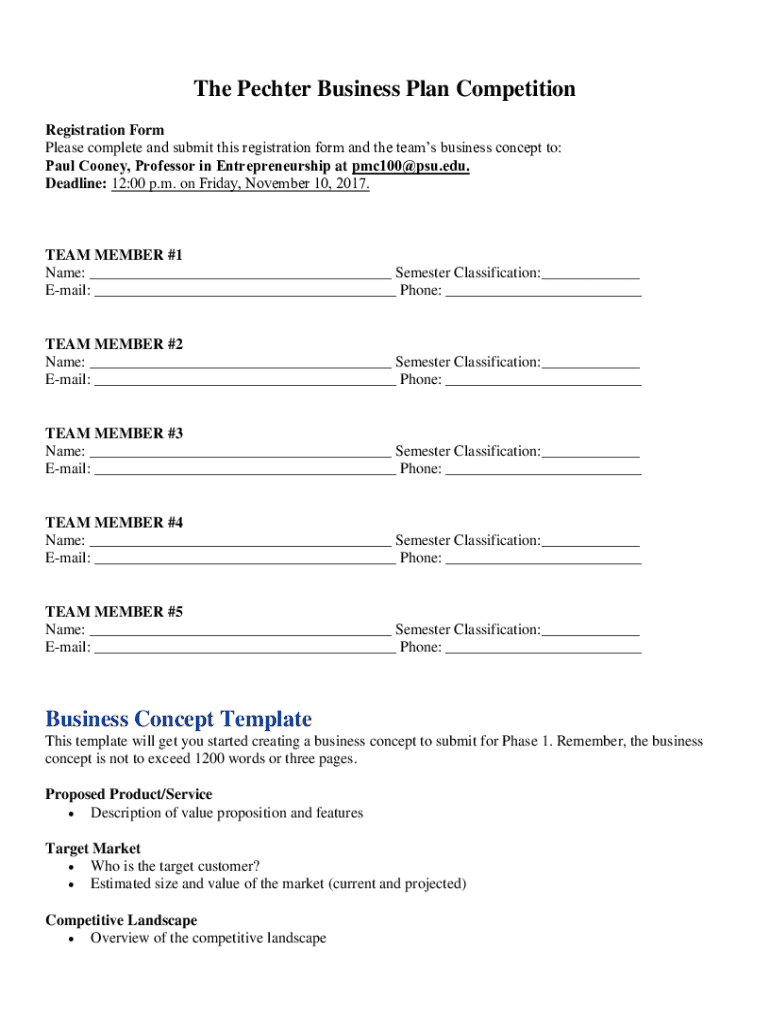Fillable Online Pechter Business Plan Competition Registration Fax ...