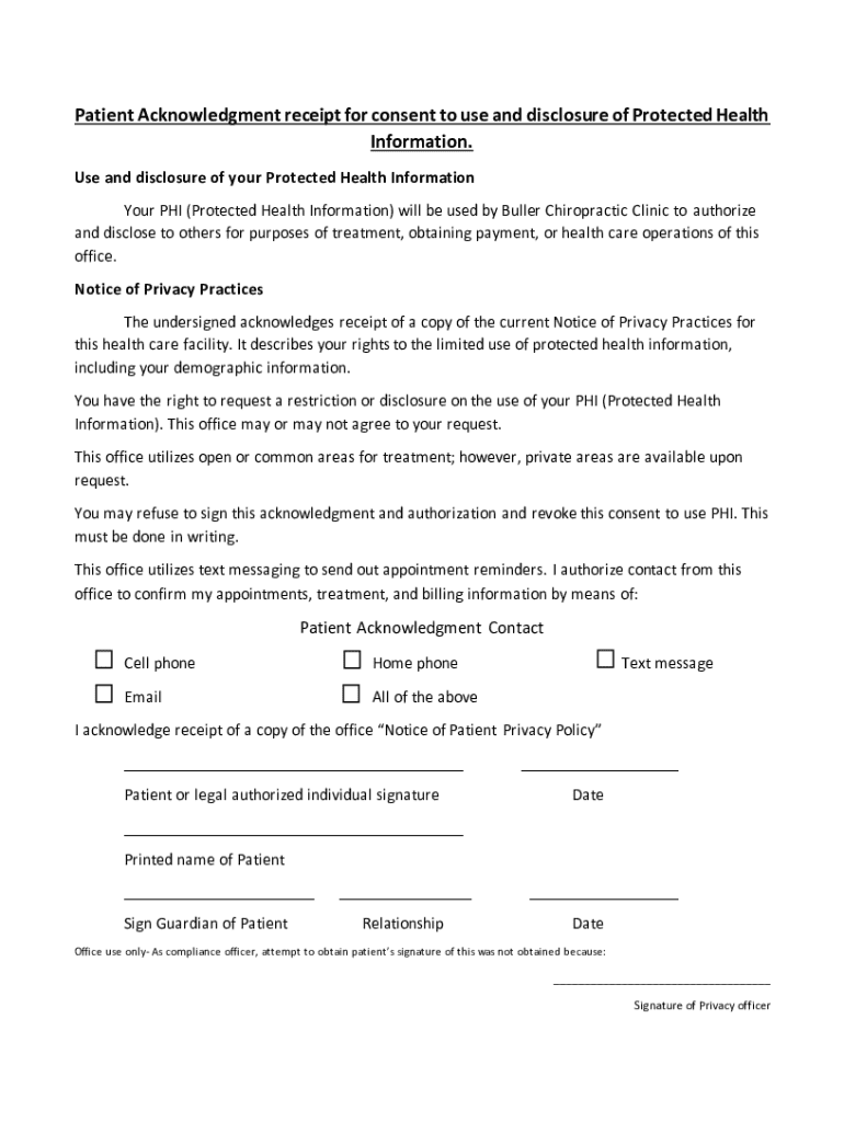 Fillable Online Patient Acknowledgment Receipt for Consent to Use and Disclosure of Protected ...