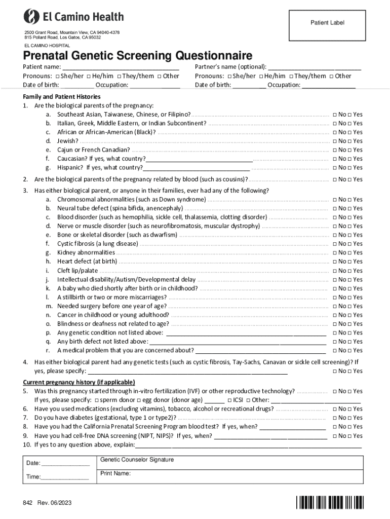Fillable Online Prenatal Genetic Screening Questionnaire Fax Email ...