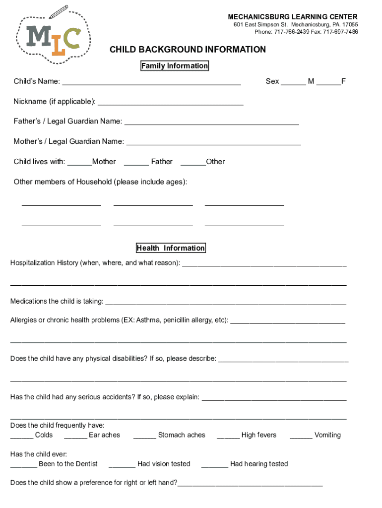 Fillable Online Mechanicsburg Learning Center Child Background ...