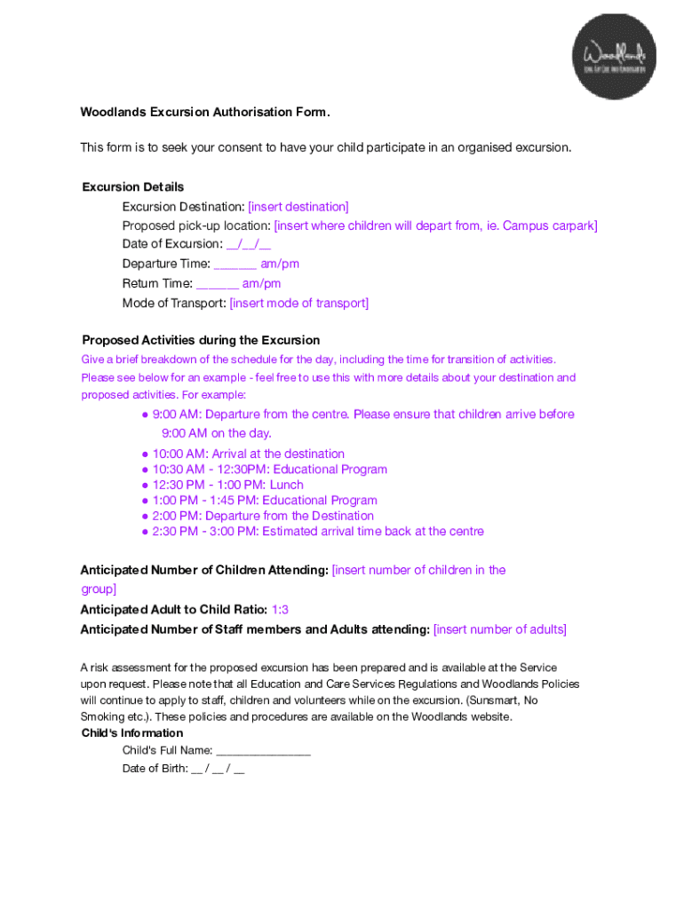 Fillable Online Woodlands Excursion Authorisation Form Fax Email Print ...