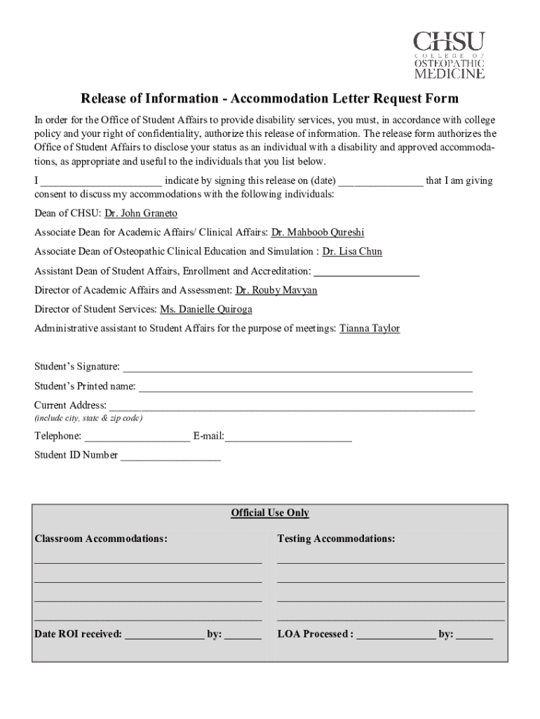 Fillable Online Release of Information - Accommodation Letter Request Form Fax Email Print ...