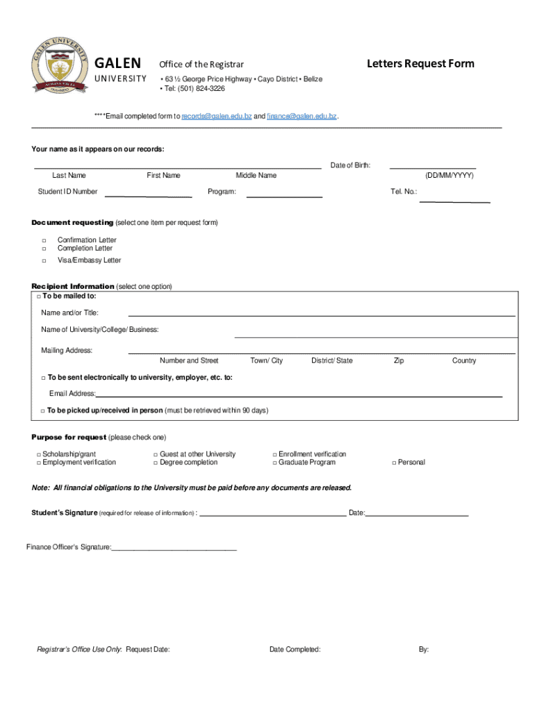 Fillable Online Galen Letters Request Form Fax Email Print - pdfFiller