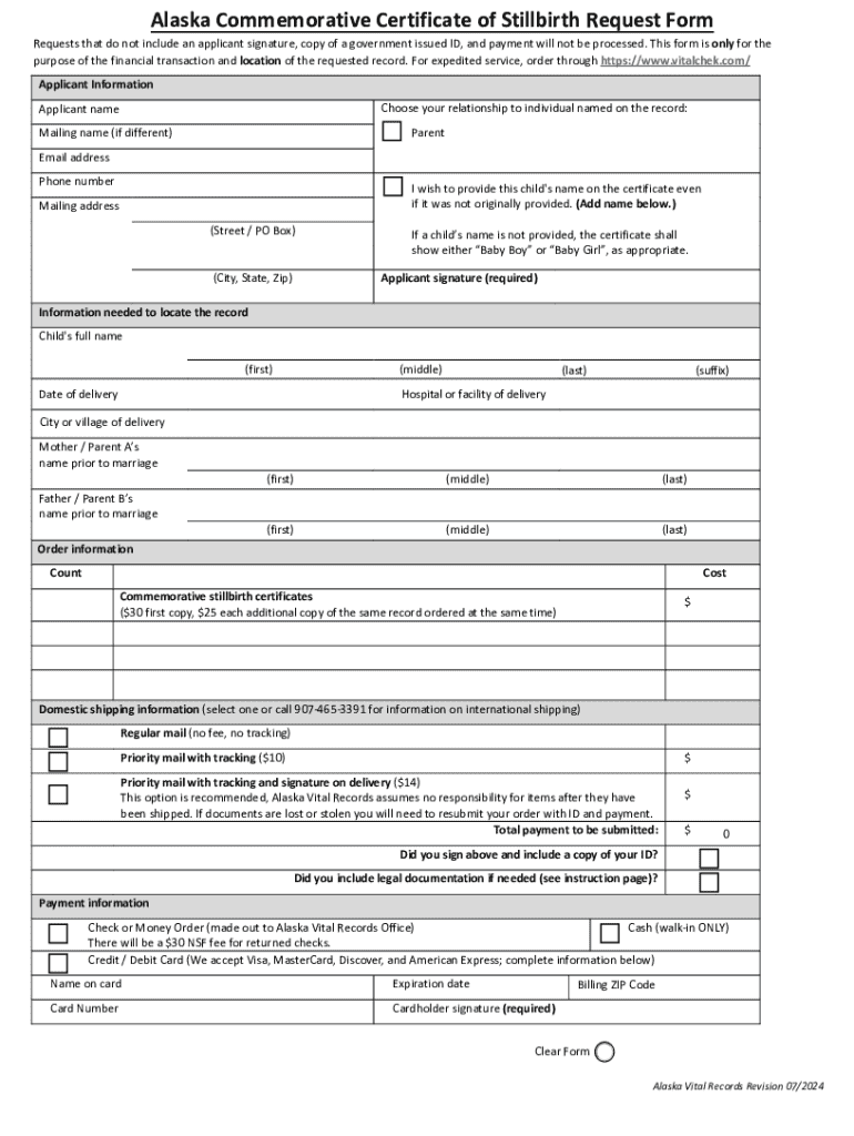 Fillable Online Alaska Commemorative Certificate of Stillbirth Request ...