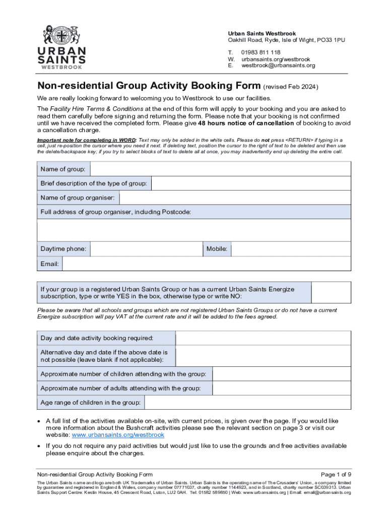 Fillable Online Non-residential Group Activity Booking Form Fax Email ...