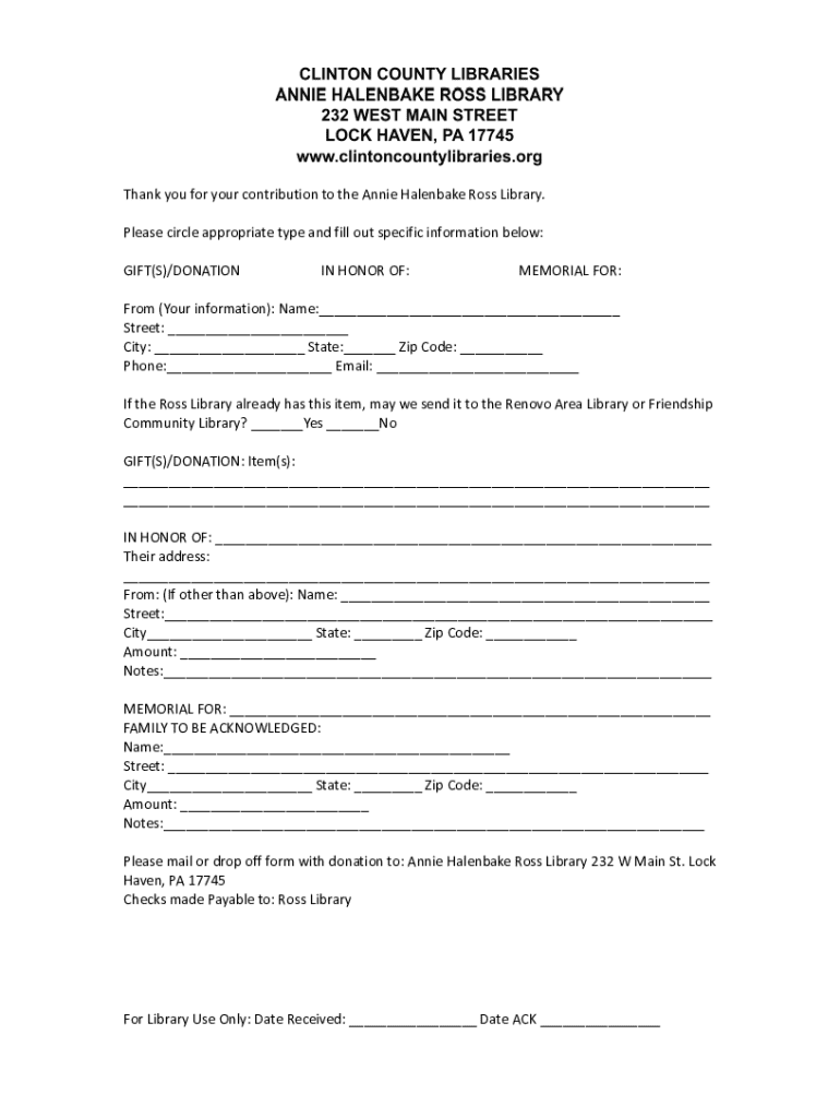 Fillable Online Donation Form for Ross Library Fax Email Print - pdfFiller