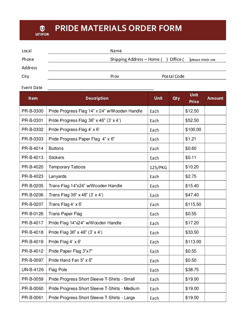 Fillable Online Pride Materials Order Form Fax Email Print - pdfFiller