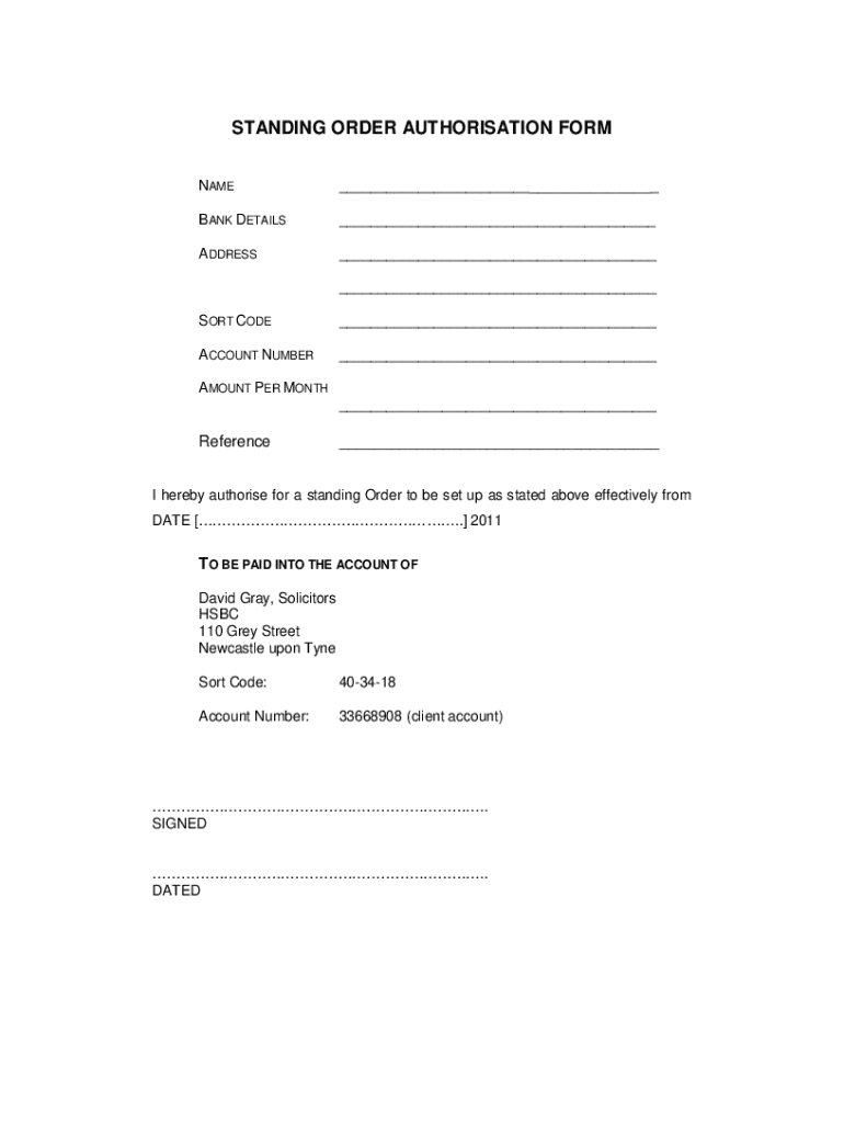 Fillable Online Standing Order Authorisation Fax Email Print - pdfFiller