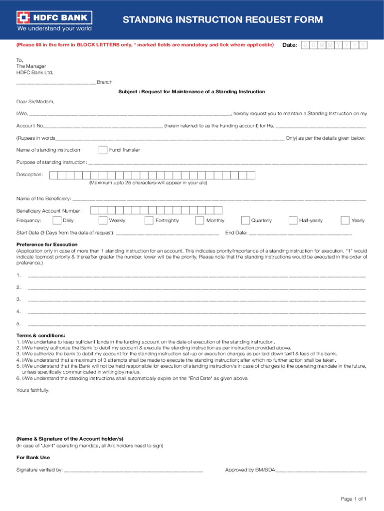 Fillable Online Standing Instruction Request Fax Email Print - pdfFiller
