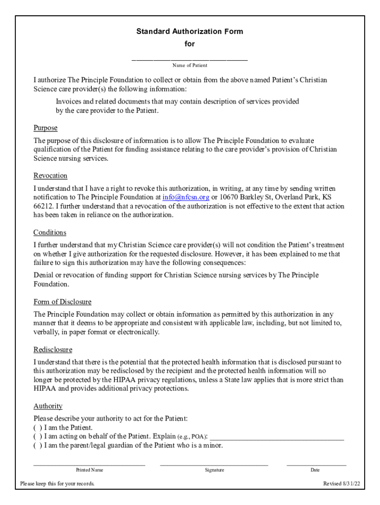 Fillable Online Standard Authorization Form for Patient Information ...