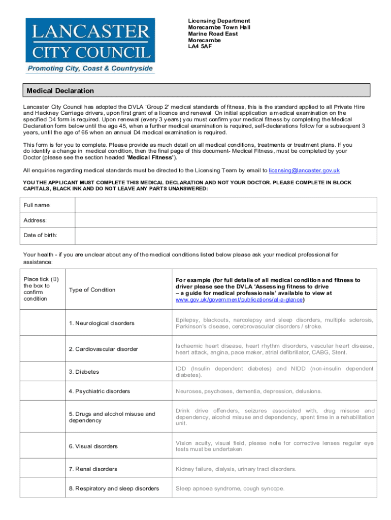Fillable Online Medical Declaration for Private Hire and Hackney ...