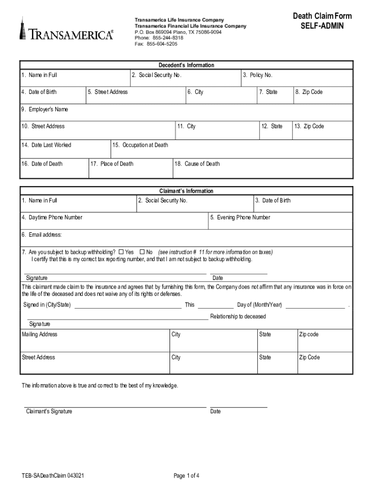 Fillable Online Death Claim Form Fax Email Print - pdfFiller