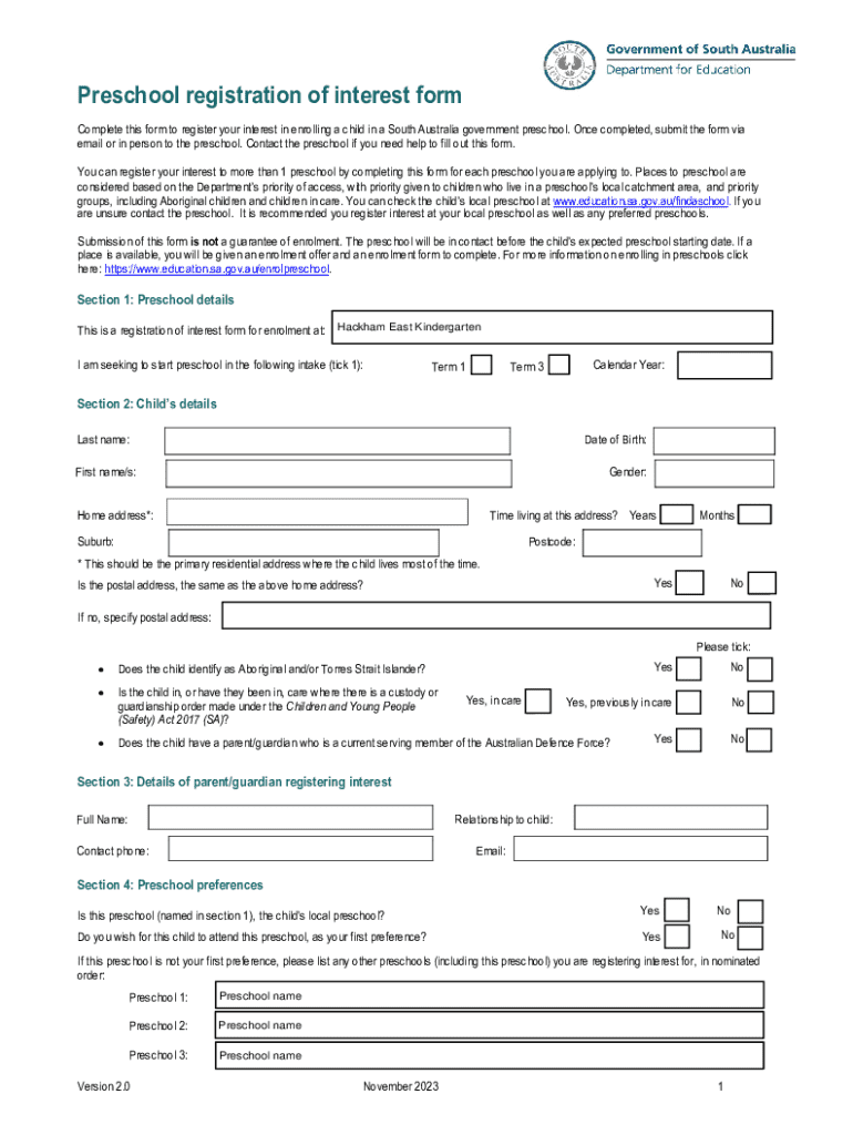 Fillable Online Preschool Registration of Interest Fax Email Print - pdfFiller